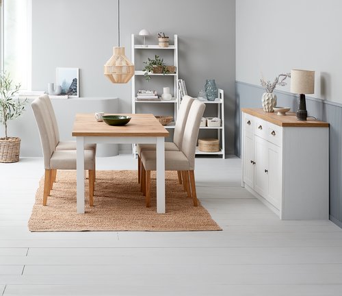 MARKSKEL L150/193 table white/oak+4 TUREBY chairs beige | JYSK
