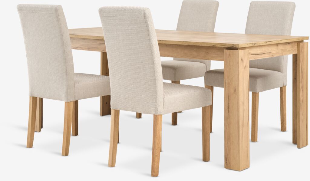 LINTRUP L190/280 table colo. chêne + 4 TUREBY chaises beige | JYSK