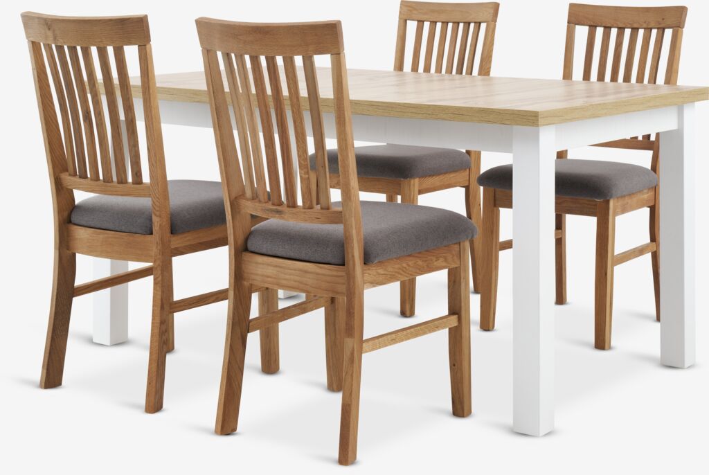 MARKSKEL L150/193 table blanc/chêne + 4 HAGE chaises g./ch. | JYSK